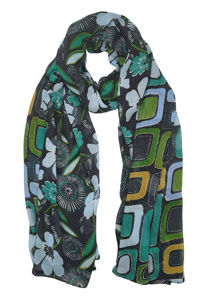 Blocks With Floral Panels Scarf (SE-2677_Black) – Vivante By VSA